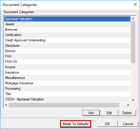 1130 Restoring document category and type default settings